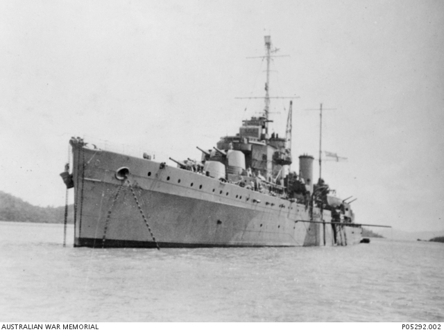 Port bow view of the modified Leander class light cruiser, HMAS Hobart ...
