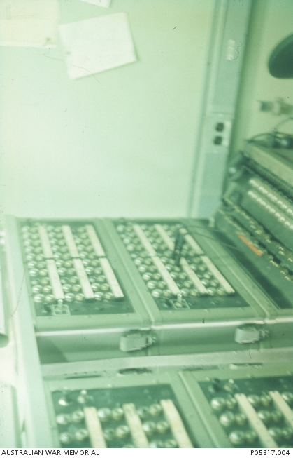 The 110th Signal Squadron MTC 3 switchboard and console. The call sign ...