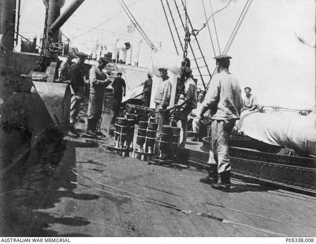 15 cm (5.9 inch) shells on the deck of the German armed merchant raider ...