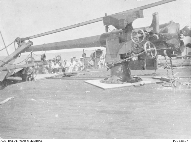 A 10.5 cm gun on the deck of the 6557 ton Japanese freighter, Hitachi ...