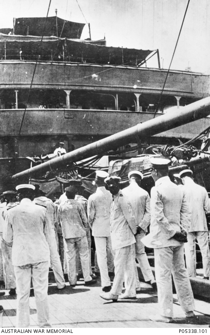 Muster below the bridge for crew members aboard the German armed ...