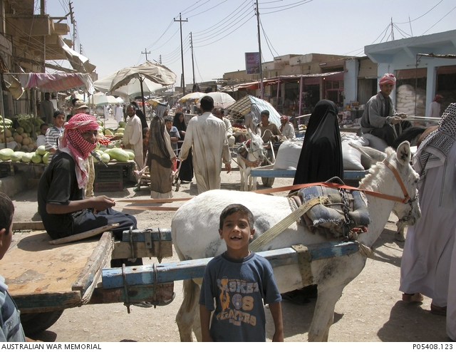 Iraqi civilians on carts pulled by donkeys, move through the street in ...