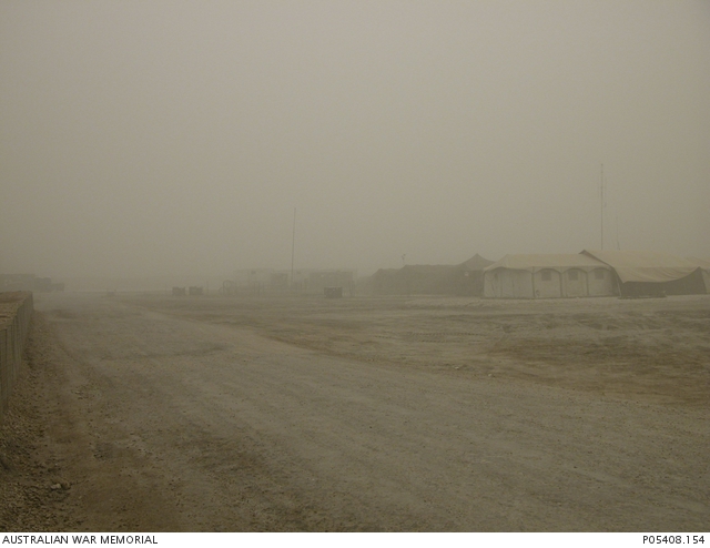 A dust storm swirling around at Camp Smitty. Camp Smitty was a ...