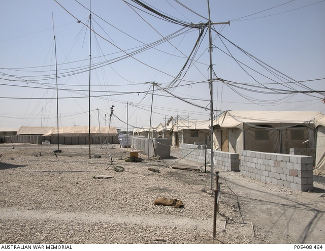 Aerials and wire in the area known as Operations Alley at Camp Smitty ...