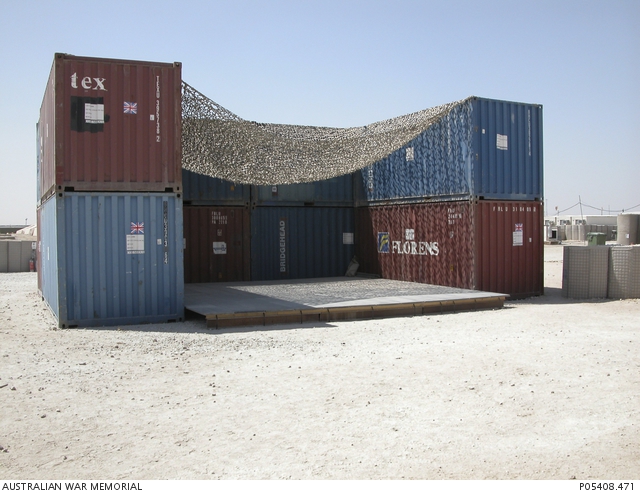 The makeshift stage used by entertainers at Camp Smitty. The low wooden ...