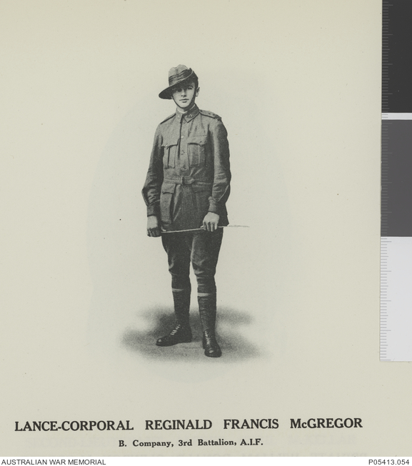 Studio portrait of 4056 Private (later Lance Corporal) Reginald Francis McGregor, 3rd Battalion ...