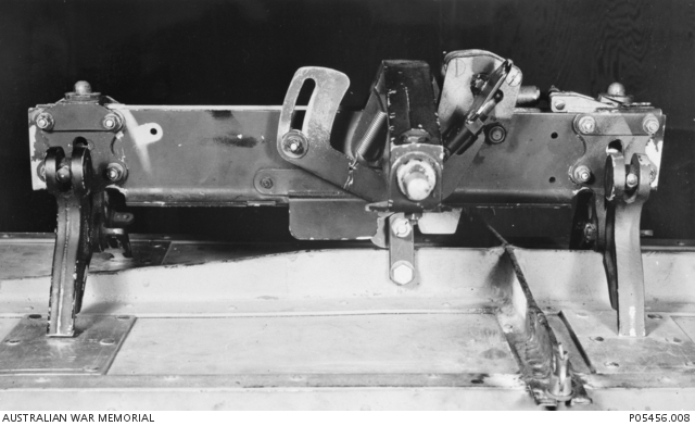 A modified 1000 lb universal bomb carrier fitted to the rear section of ...