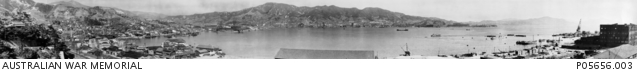 An elevated panorama photograph of the port of Kure and surroundings ...