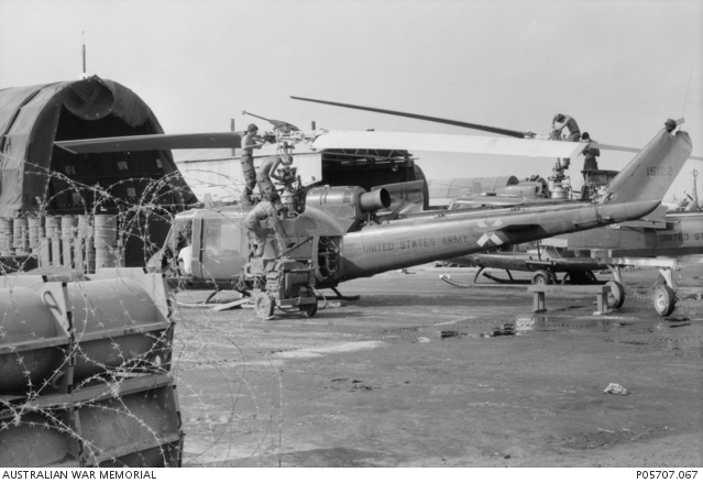 Maintenance crews working on Iroquois helicopters at the135th Assault ...
