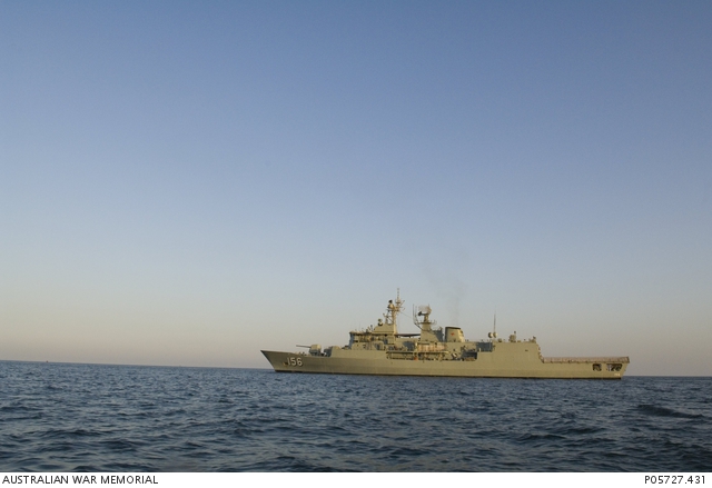 View of HMAS Toowoomba from the waterline. | Australian War Memorial