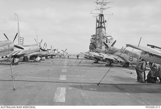 Fairey Firefly fighter aircraft on the deck of HMAS Sydney III ...