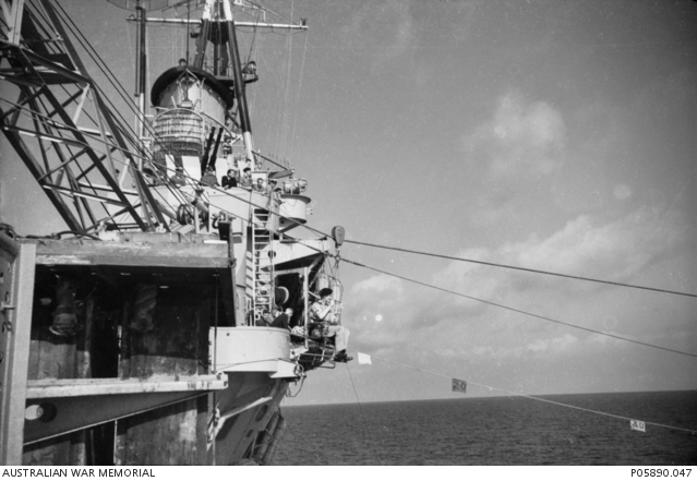 Commencement of a jackstay transfer from HMAS Sydney III to a United ...