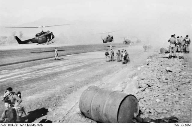 American helicopters land on Luscombe Field, Nui Dat, Headquarters (HQ ...