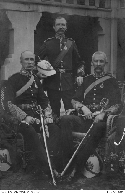 Studio group portrait of Colonel (Col) Justin Fox Greenlaw Foxton, CMG ...