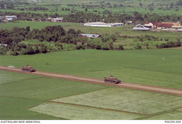 An aerial view of two Australian Army Centurion MkV/1 tanks travelling ...