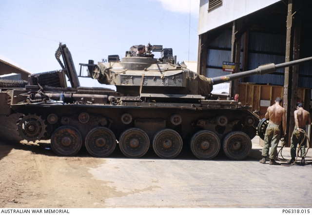 A Centurion MkV/1 tank having new tracks fitted at the 106 Field ...