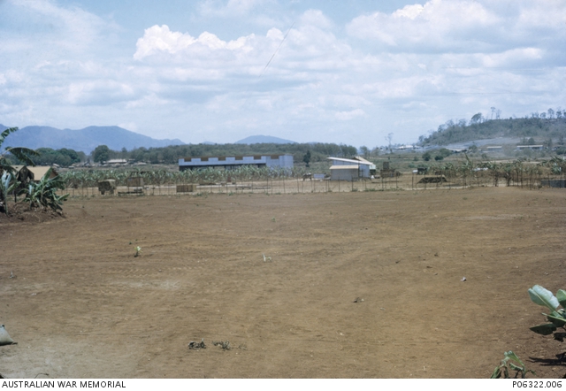 View of the 1st Armoured Squadron Workshop buildings, Nui Dat. The main ...