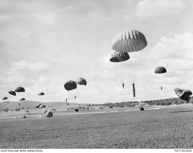 Paratroopers landing during a training exercise at RAAF Base (later ...