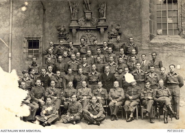 Outdoor group portrait of Polish prisoners of war (POW) at Colditz ...