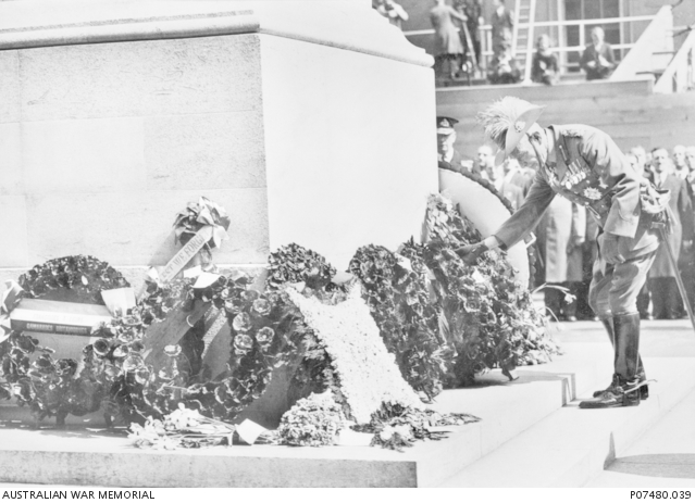 "Sir Harry Chauvel placing Australia's wreath." Officials are laying ...