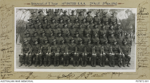 Autographed outdoor group portrait of E troop, 14th Battery Royal ...