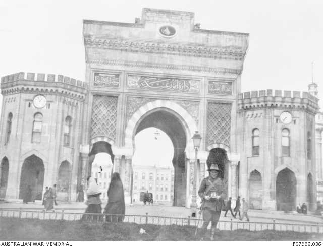 The gate to the Turkish war office in Constantinople. One of a series ...