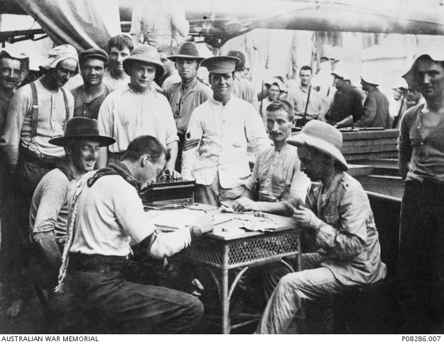 Pay day for the 21st Battalion aboard the troopship HMAT Euripides (A14 ...