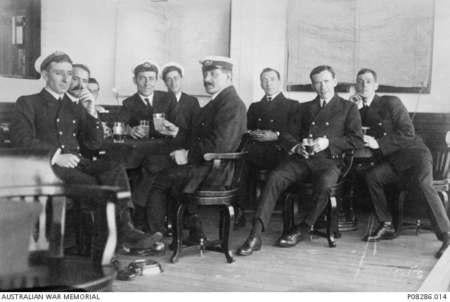 Officers of HMAT Euripiedes (A14) enjoying at drink at the Veranda Cafe ...