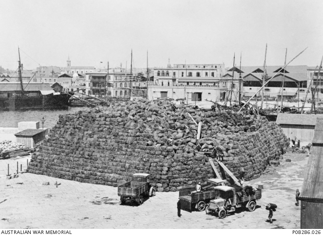 The Army Service Corps (ASC) stacking fodder at Alexandria. The ...