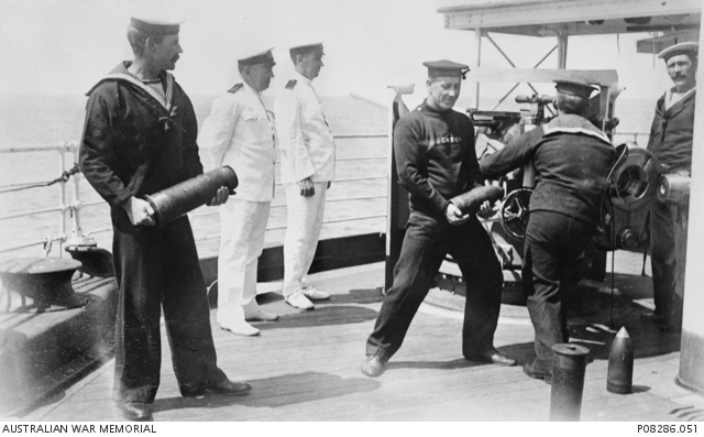 Gun drill aboard the troopship HMAT Euripides (A14). The photograph was ...