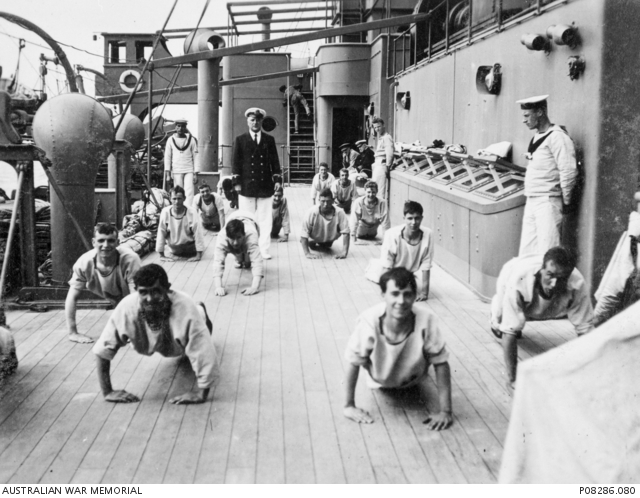 Physical exercise drills on deck aboard the troopship HMAT Euripides ...