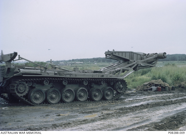 A Centurion Bridge laying vehicle, after a bridge emplacement operation ...