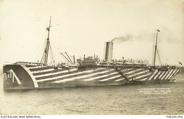The troopship HMAT Euripides showing her wartime camouflage scheme ...