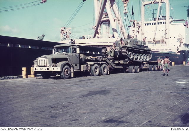 A Leyland Scammell Contractor prime mover (left) towing a 24 wheel, No1 ...