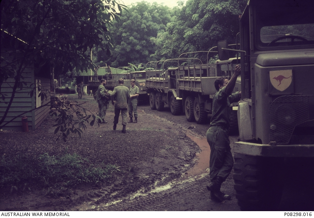 A convoy of International F2 6x6 trucks from 86 Transport Platoon ...