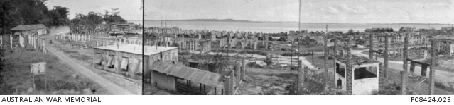 A panorama of three photographs of Sandakan after the end of the Second ...