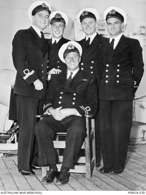 Group portrait of officers of HMAS Deloraine around the time the ship ...