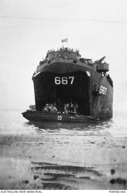 Landing craft tank (LCT 667) at Labuan, probably taking troops home ...