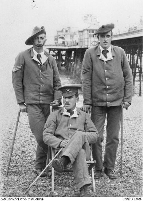 Harry Stead with 2 friends at Eastbourne Pier | Australian War Memorial