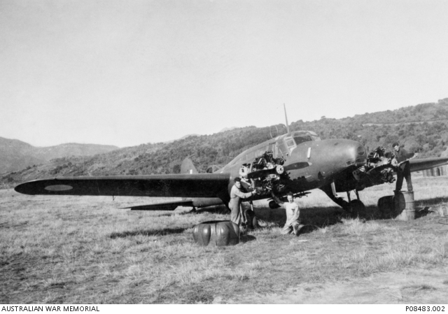 A 67 Squadron, RAAF, Avro Anson which, due to engine problems, has made ...