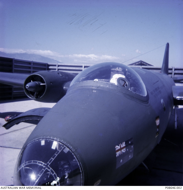 Canberra bomber and pilot of 2 Squadron RAAF just before taxiing at ...