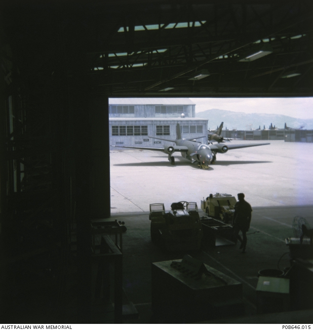 RAAF 2 Squadron Canberra bomber parked just outside the hangar at Phan ...