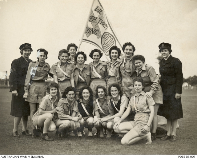 Outdoor group portrait of WAAAF participants in a sports carnival at 11 ...