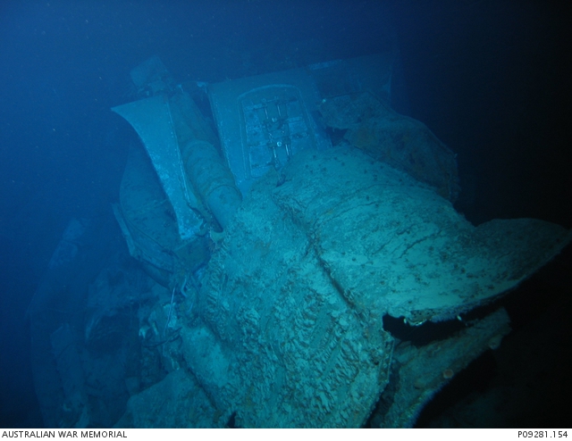 Dive 2 HMAS Sydney II Wreck Fore deck folded back over barrels of A ...