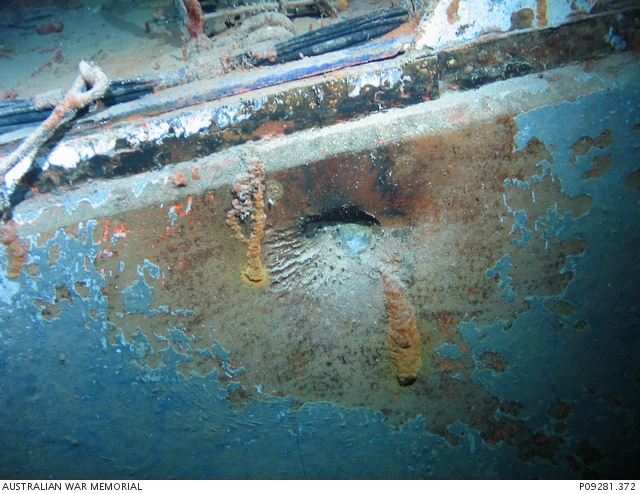 Dive 2 HMAS Sydney II Wreck Shell hits on stbd side abreast vegetable ...