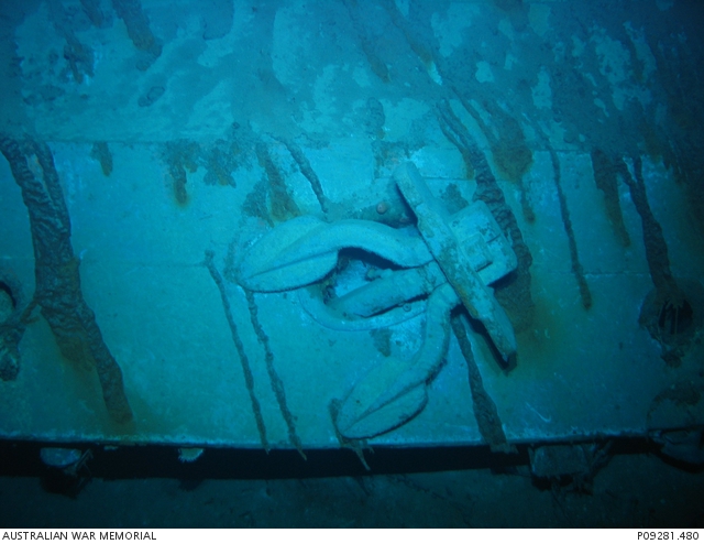 Dive 3 HMAS Sydney II Debris Field Ship's port anchor on inverted bow ...