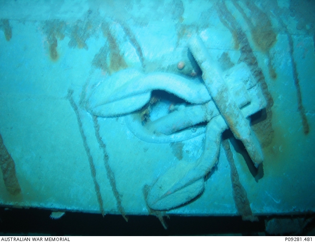 Dive 3 HMAS Sydney II Debris Field Ship's port anchor on inverted bow ...