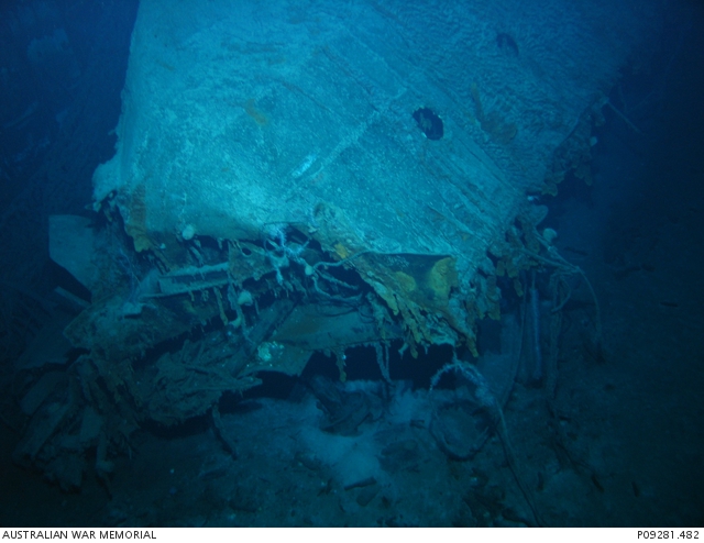 Dive 3 HMAS Sydney II Debris Field Damage to aft end of inverted bow ...