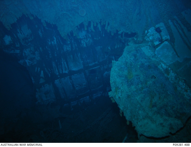 Dive 3 HMAS Sydney II Debris Field Damage to aft end of inverted bow ...
