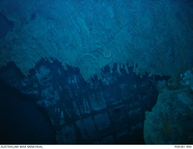 Dive 3 HMAS Sydney II Debris Field Damage to aft end of inverted bow ...
